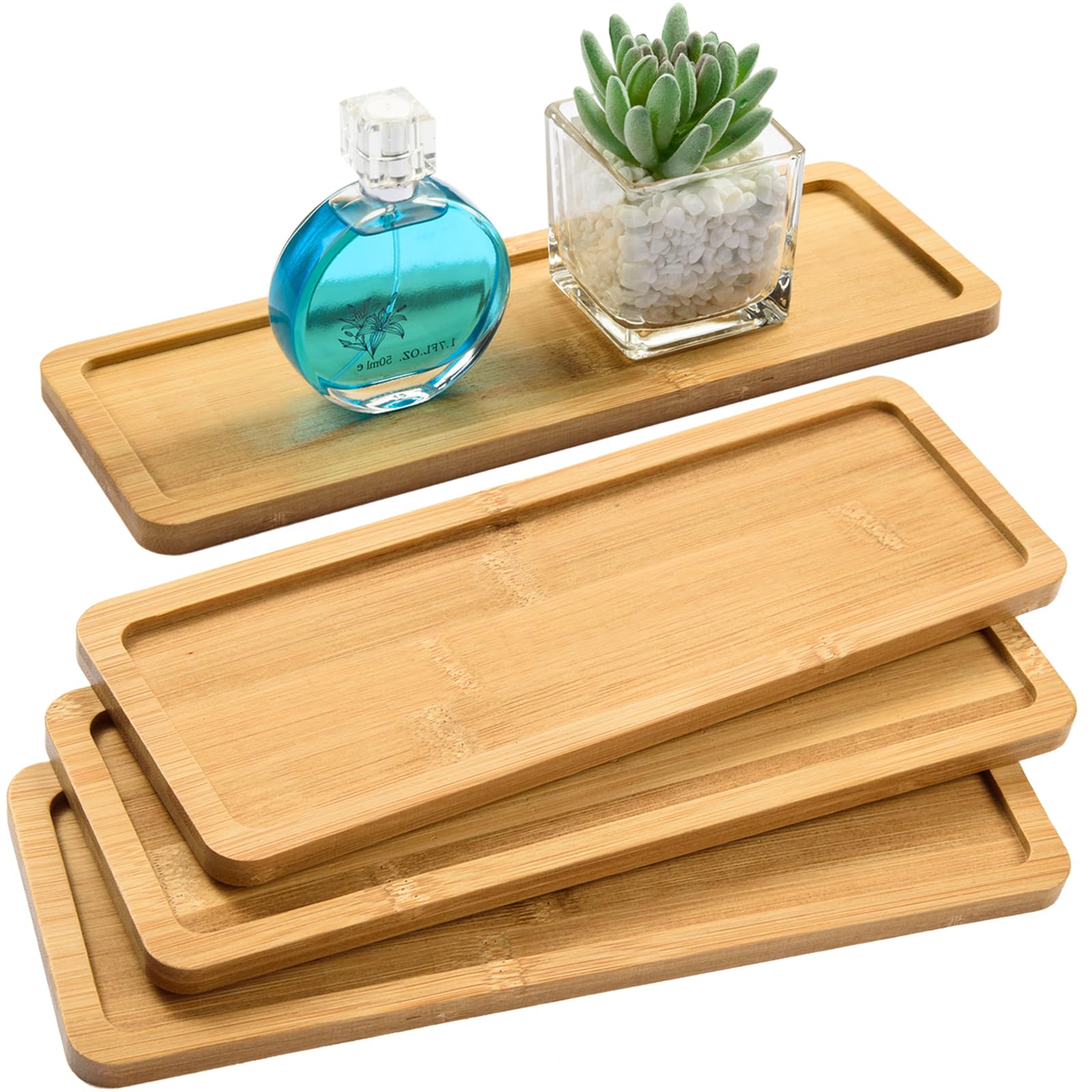 4 Pack Bamboo Serving Tray Rectangle Bamboo Wood Tea Serving Tray Rounded Edges Wooden Bathroom Counter Tray Bamboo Vanity Tray for Dresser Food Coffee Tea Snack Tissues Candles,11x 4 Inch