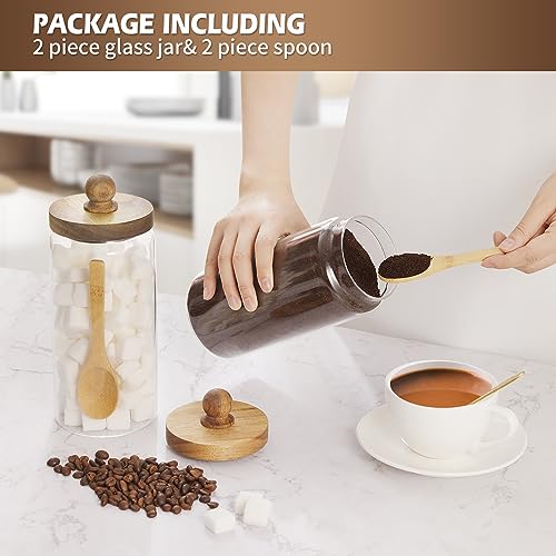 Patoper Glass Coffee Jars with Spoons 40oz /1200ml,Clear Storage Canister with Wooden Lid Round Glass Food Jar for Pantry Sugar Tea Coffee Bean Spice Nuts (Bead Lid-40oz-1 PACK)