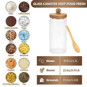 Patoper Glass Coffee Jars with Spoons 40oz /1200ml,Clear Storage Canister with Wooden Lid Round Glass Food Jar for Pantry Sugar Tea Coffee Bean Spice Nuts (Bead Lid-40oz-1 PACK)