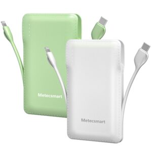 Metecsmart 2 Pack10000mAh Portable Phone Charger with Built in 2 Cables, Small Slim Mini Power Bank Fast Charging, USB-C Input/Output External Battery Pack Compatible with iPhone, Android, and iPad