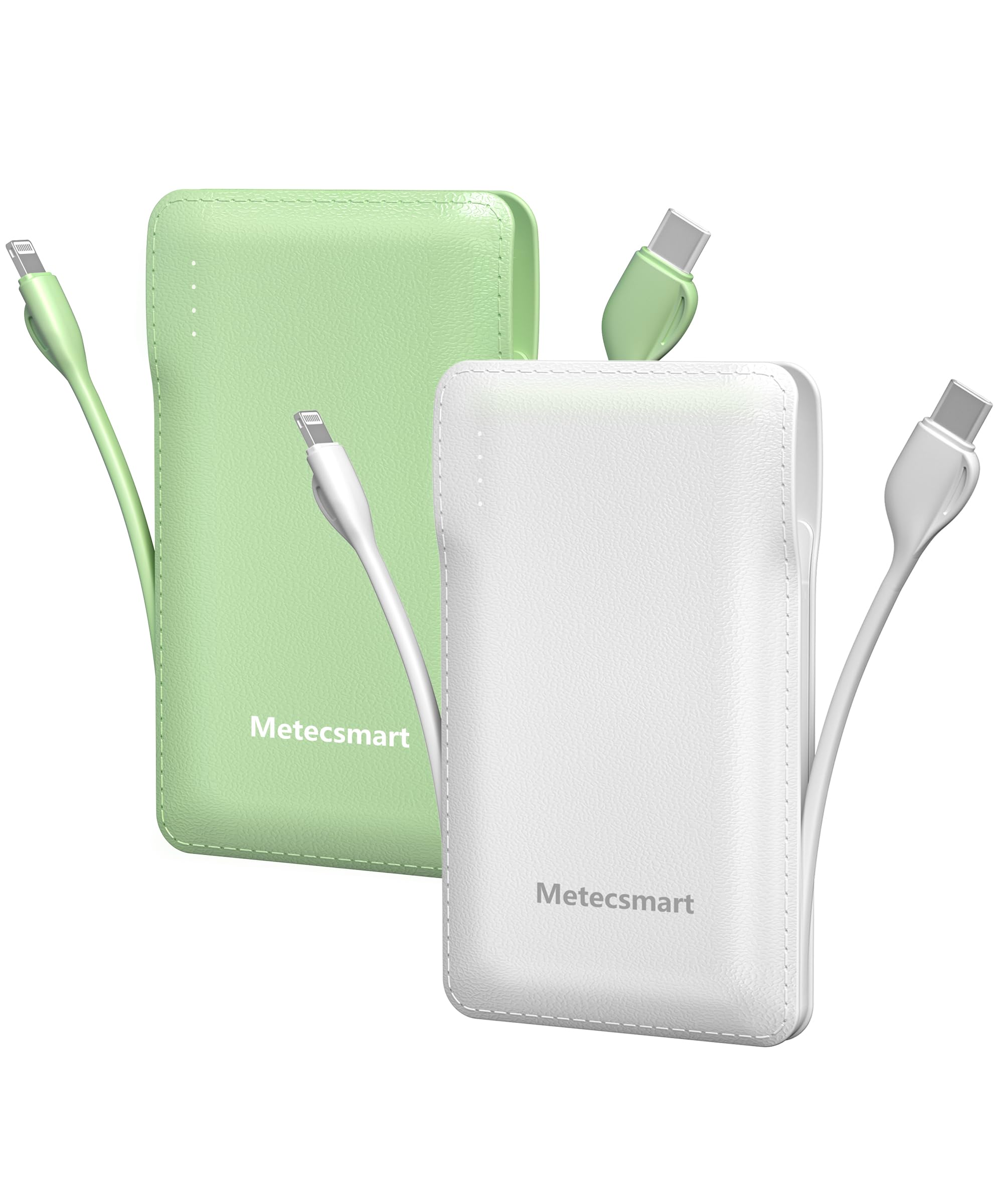 Metecsmart 2 Pack10000mAh Portable Phone Charger with Built in 2 Cables, Small Slim Mini Power Bank Fast Charging, USB-C Input/Output External Battery Pack Compatible with iPhone, Android, and iPad