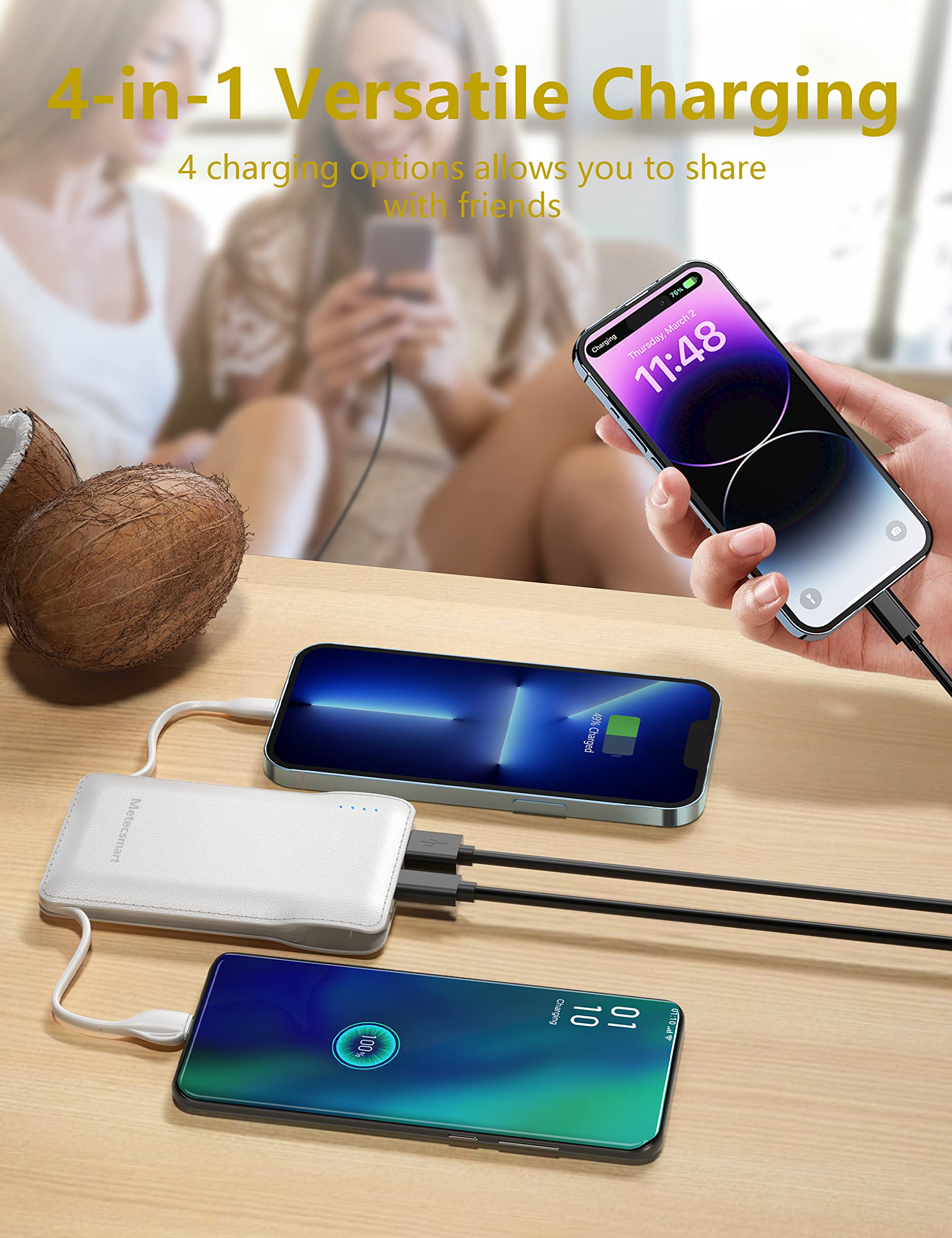 Metecsmart 2 Pack10000mAh Portable Phone Charger with Built in 2 Cables, Small Slim Mini Power Bank Fast Charging, USB-C Input/Output External Battery Pack Compatible with iPhone, Android, and iPad