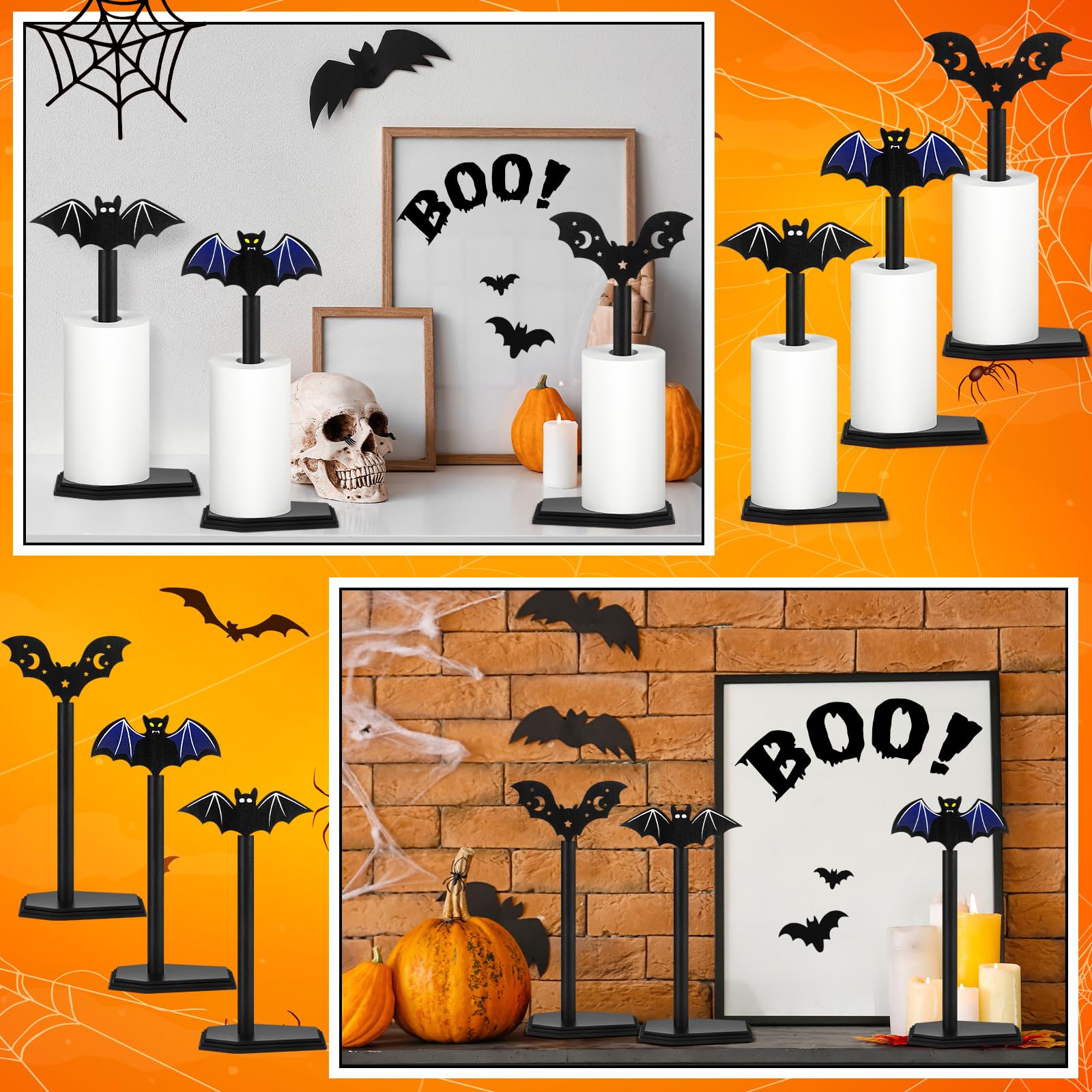 Sliner 3 Pcs Halloween Bat Paper Towel Holder Gothic Paper Towel Holder with Coffin Base Gothic Home Decor for Spooky Rustic Halloween Bat Decor for Home Toilet Kitchen