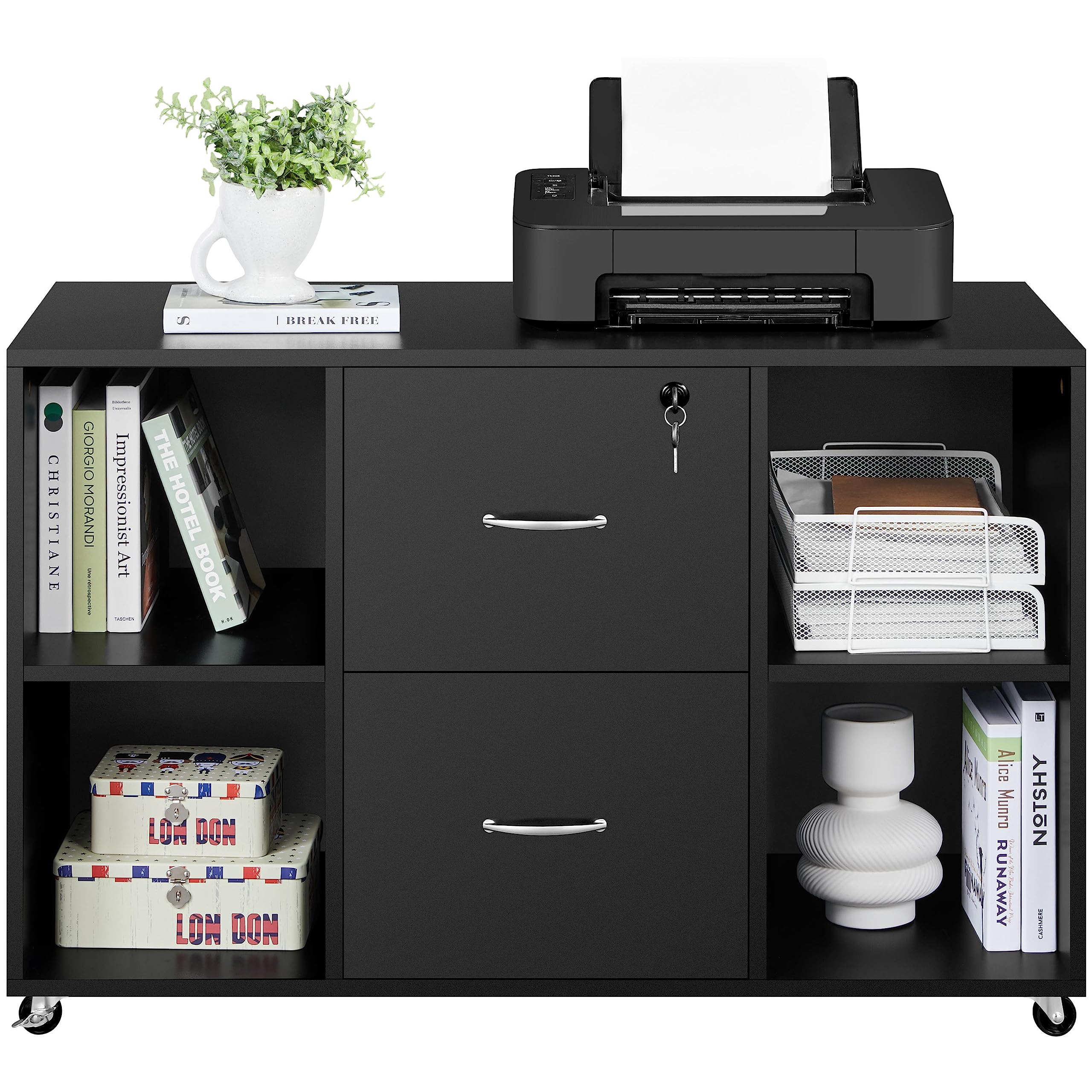 Topeakmart Black File Cabinet Large Mobile Filing Cabinet with Storage for Letter Size A4 Size, Printer Stand for Home Office