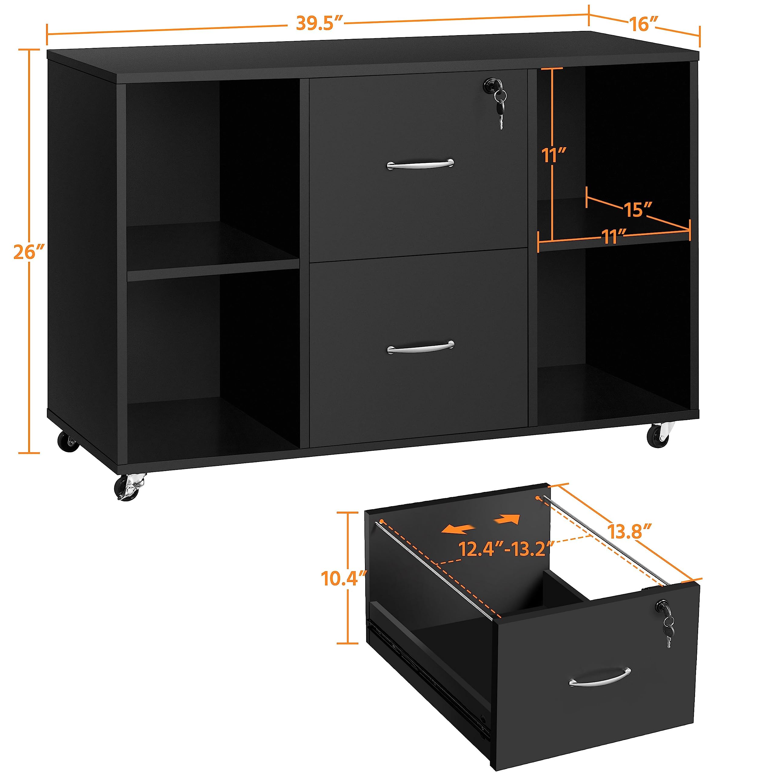 Topeakmart Black File Cabinet Large Mobile Filing Cabinet with Storage for Letter Size A4 Size, Printer Stand for Home Office