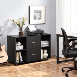 Topeakmart Black File Cabinet Large Mobile Filing Cabinet with Storage for Letter Size A4 Size, Printer Stand for Home Office