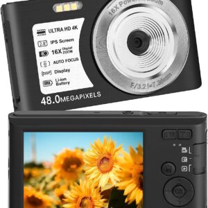 Digital Camera, FHD 1080P 48MP Digital Point and Shoot Camera with 32GB SD Card, 16X Digital Zoom, 2 Batteries, Portable Small Vlogging Camera for Kids, Teens Students, Seniors