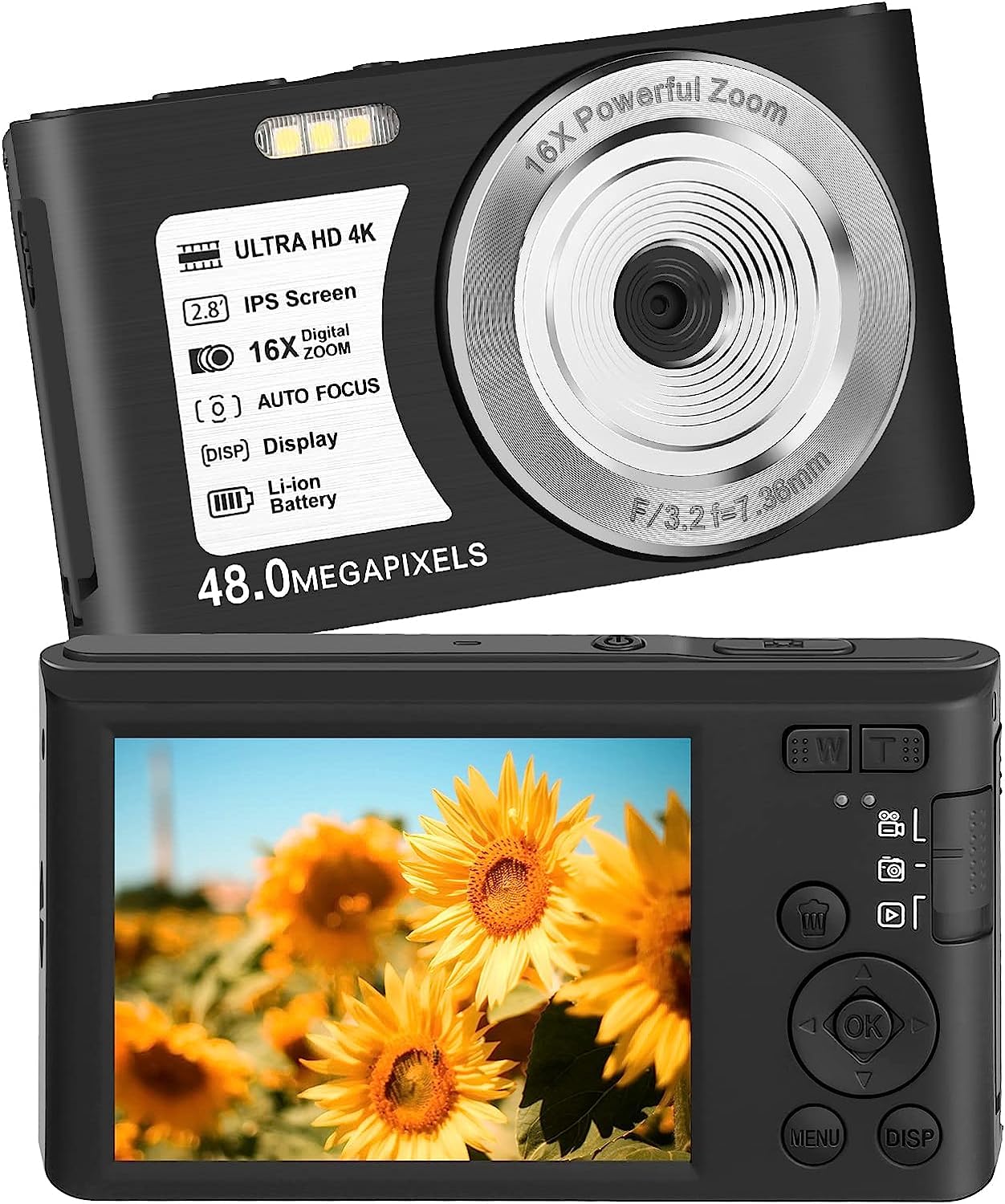 Digital Camera, FHD 1080P 48MP Digital Point and Shoot Camera with 32GB SD Card, 16X Digital Zoom, 2 Batteries, Portable Small Vlogging Camera for Kids, Teens Students, Seniors