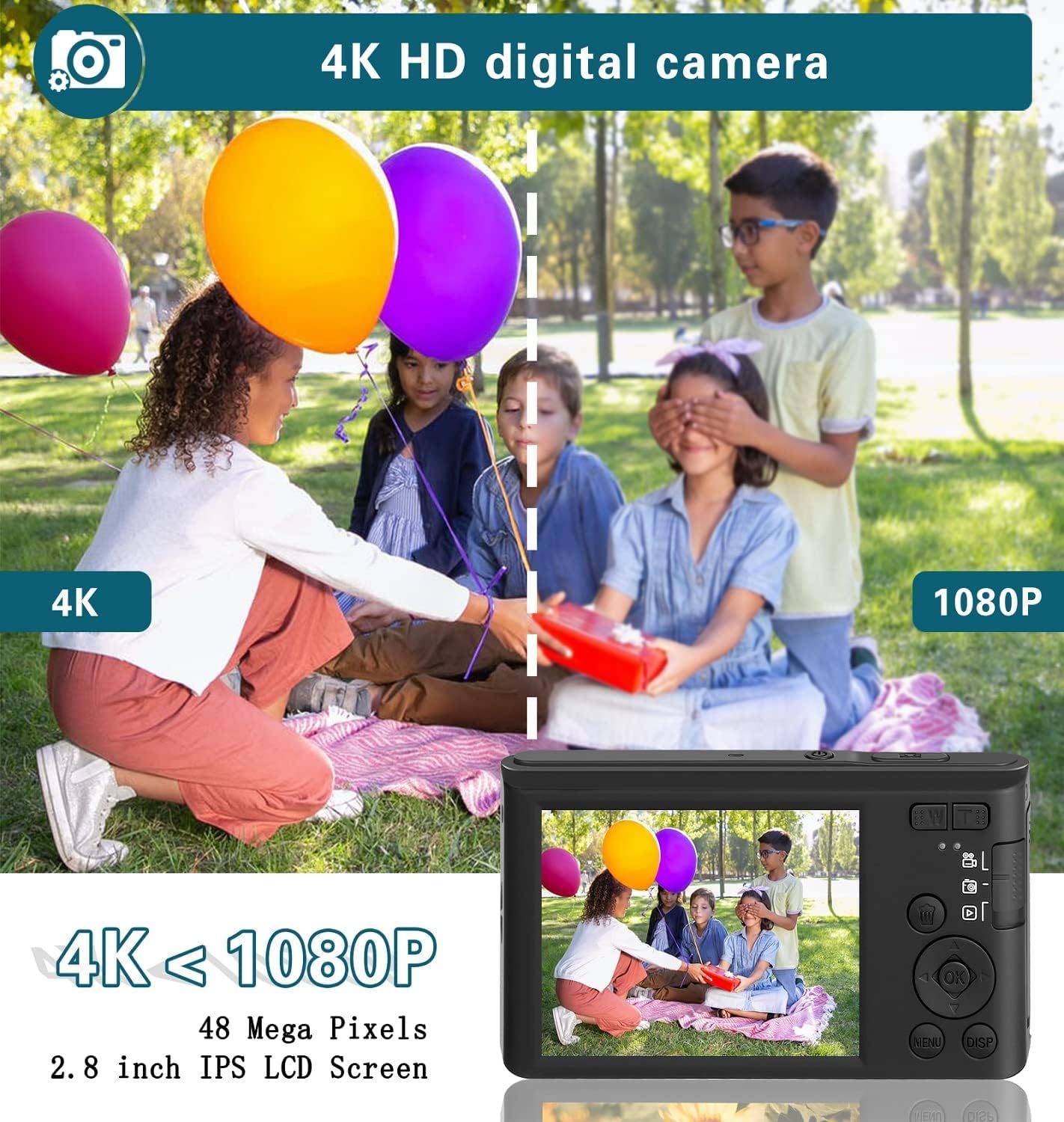 Digital Camera, FHD 1080P 48MP Digital Point and Shoot Camera with 32GB SD Card, 16X Digital Zoom, 2 Batteries, Portable Small Vlogging Camera for Kids, Teens Students, Seniors