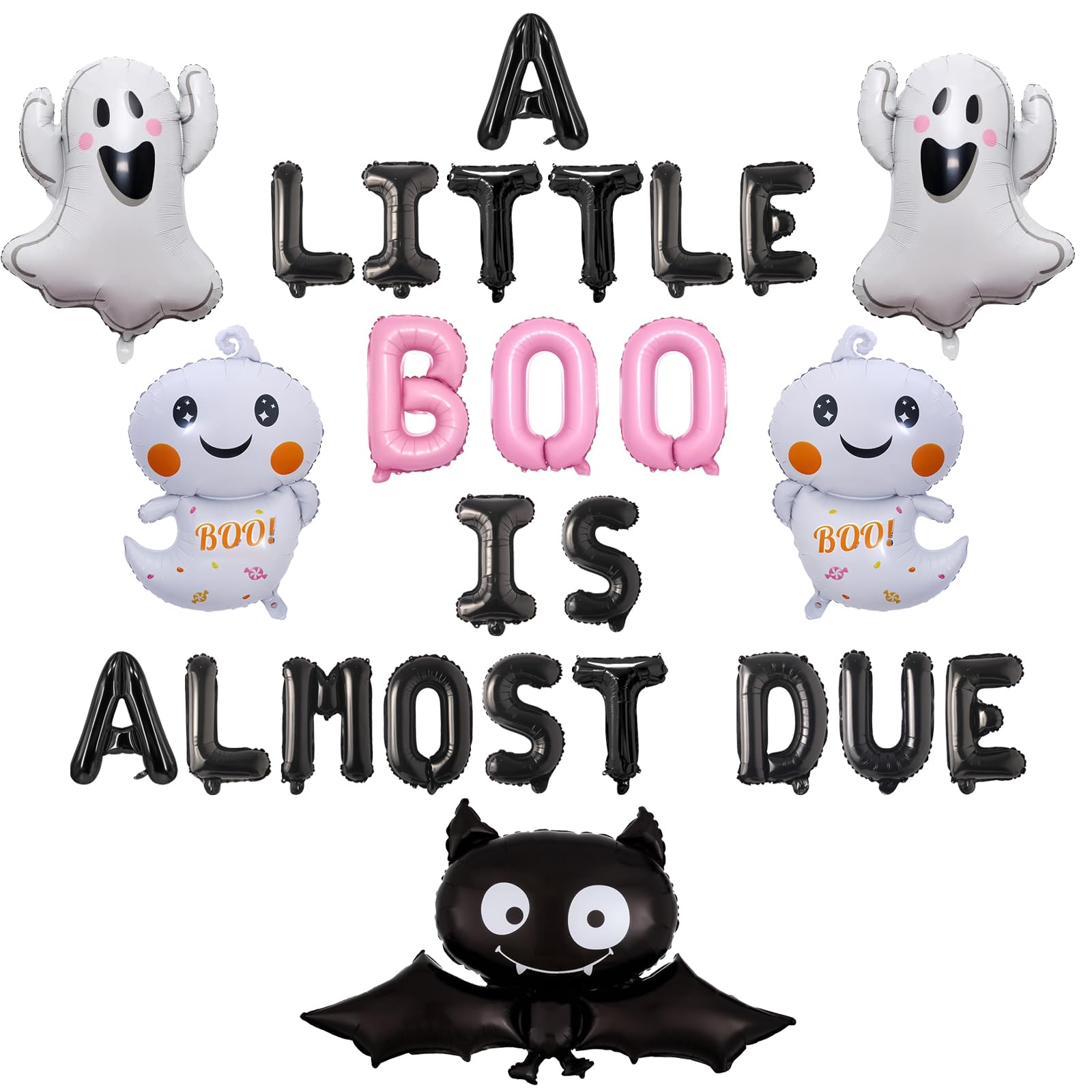 Halloween Baby Shower Party Decorations for Girl,White Pink and Black A Little Boo is Almost Due Baby Shower Foil Balloon,Ghost Bat Balloon for Girls Baby Shower Theme Birthday Party Decor