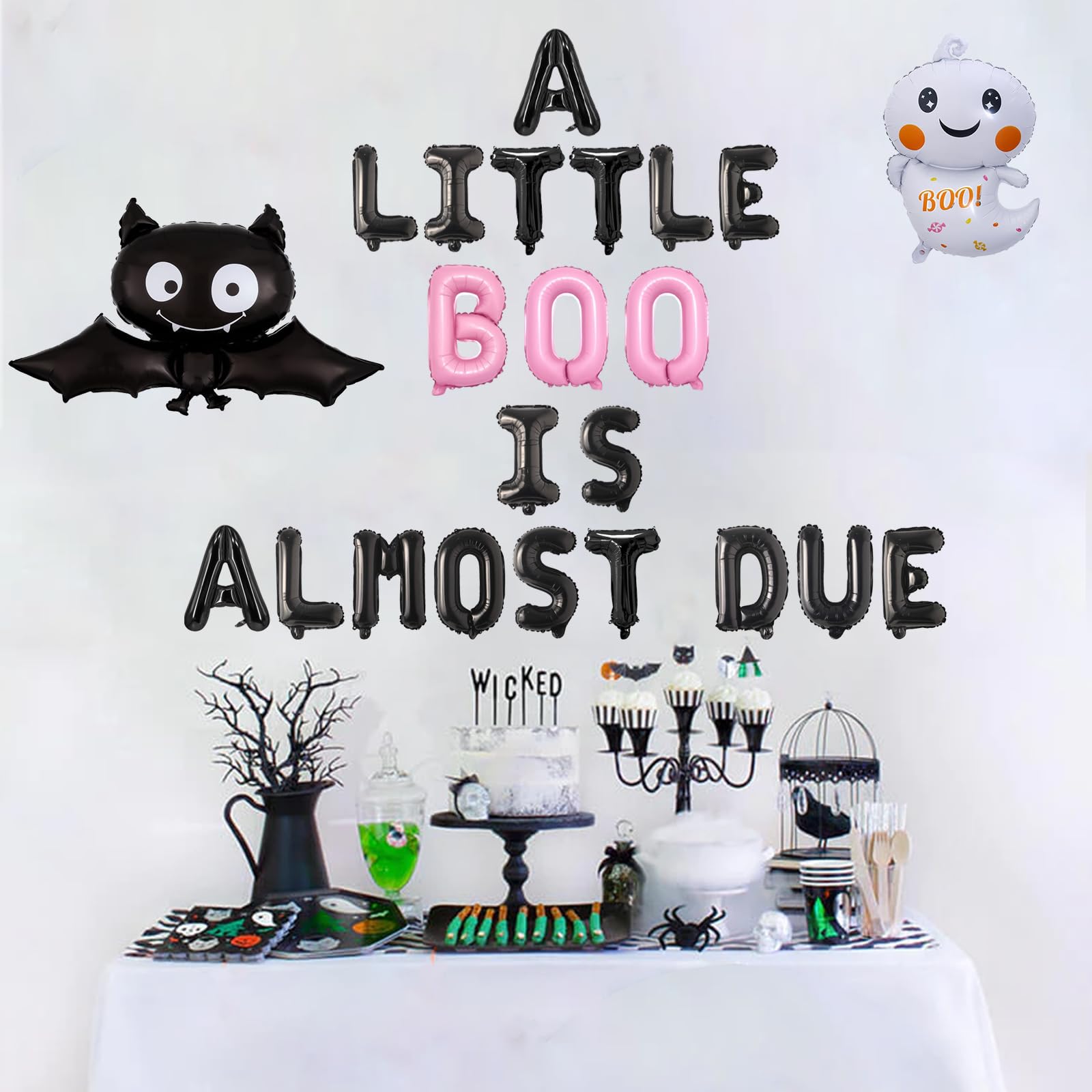 Halloween Baby Shower Party Decorations for Girl,White Pink and Black A Little Boo is Almost Due Baby Shower Foil Balloon,Ghost Bat Balloon for Girls Baby Shower Theme Birthday Party Decor