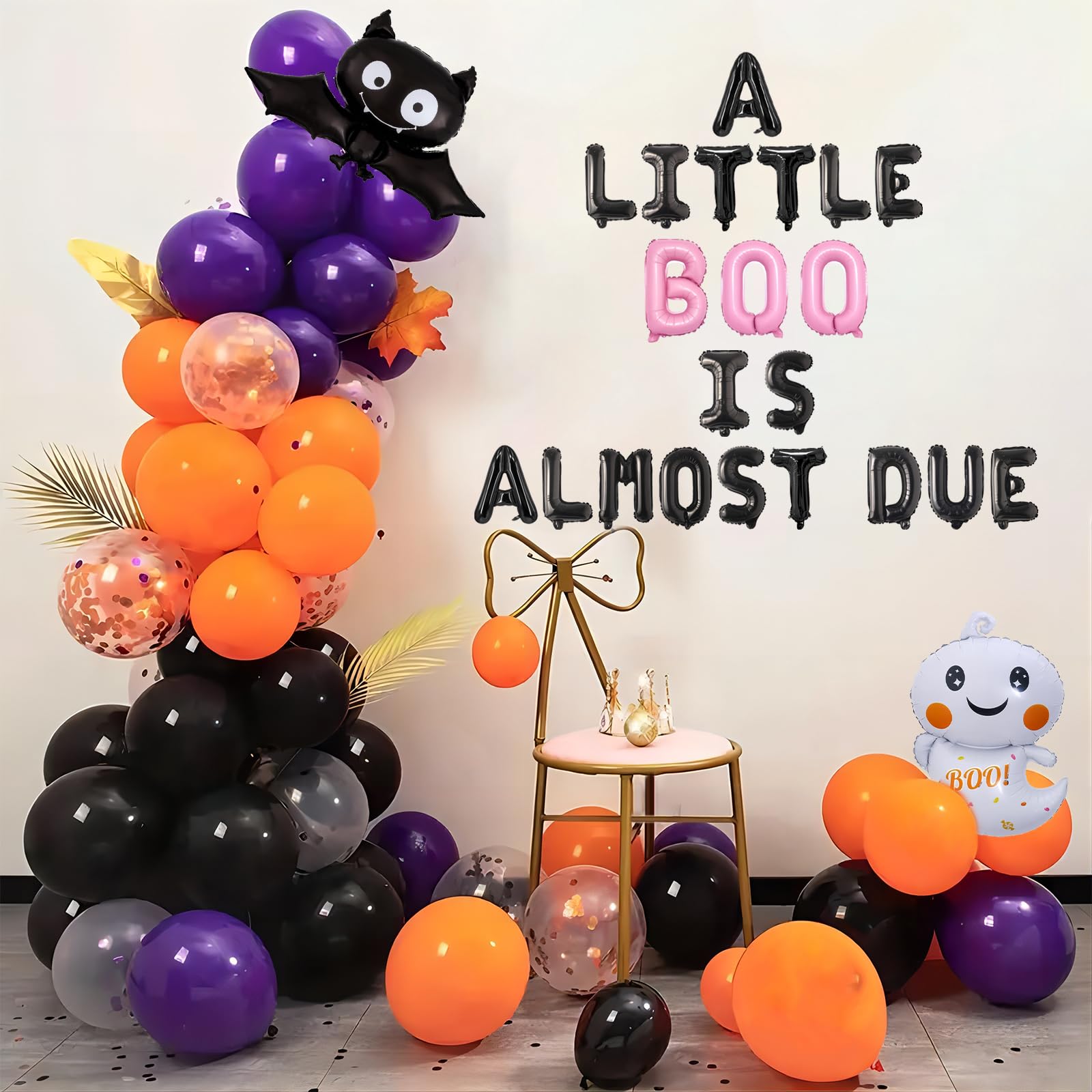 Halloween Baby Shower Party Decorations for Girl,White Pink and Black A Little Boo is Almost Due Baby Shower Foil Balloon,Ghost Bat Balloon for Girls Baby Shower Theme Birthday Party Decor