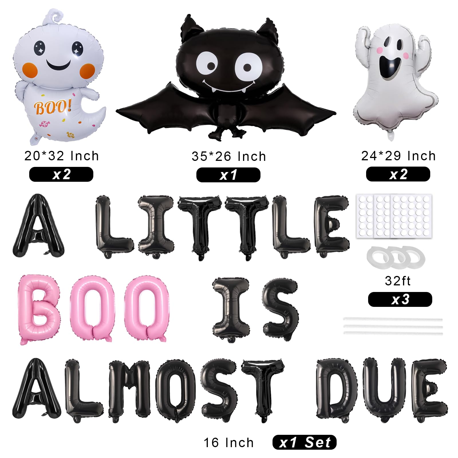 Halloween Baby Shower Party Decorations for Girl,White Pink and Black A Little Boo is Almost Due Baby Shower Foil Balloon,Ghost Bat Balloon for Girls Baby Shower Theme Birthday Party Decor