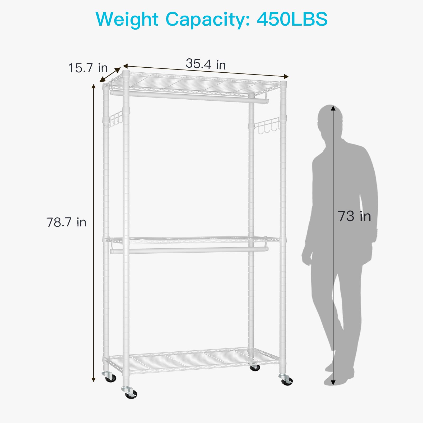 FUTASSI Heavy Duty Garment Rack, 3 Tiers Adjustable Rolling Metal Closet Organizer with Lockable Wheels, Free-Standing Wardrobe with Double Hanger Rods & 1 Pair Hooks, Max Load 450 LBS, White