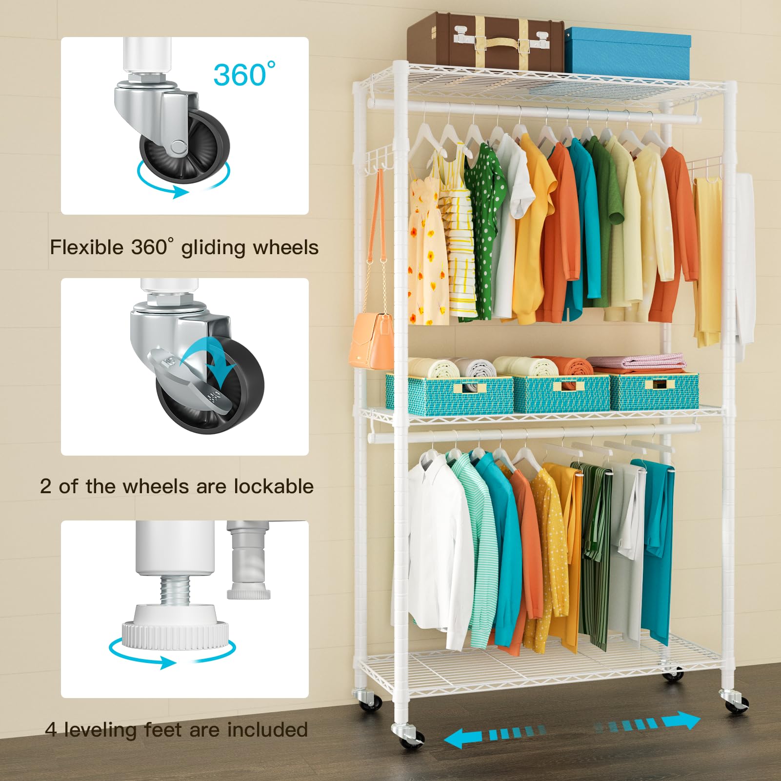 FUTASSI Heavy Duty Garment Rack, 3 Tiers Adjustable Rolling Metal Closet Organizer with Lockable Wheels, Free-Standing Wardrobe with Double Hanger Rods & 1 Pair Hooks, Max Load 450 LBS, White