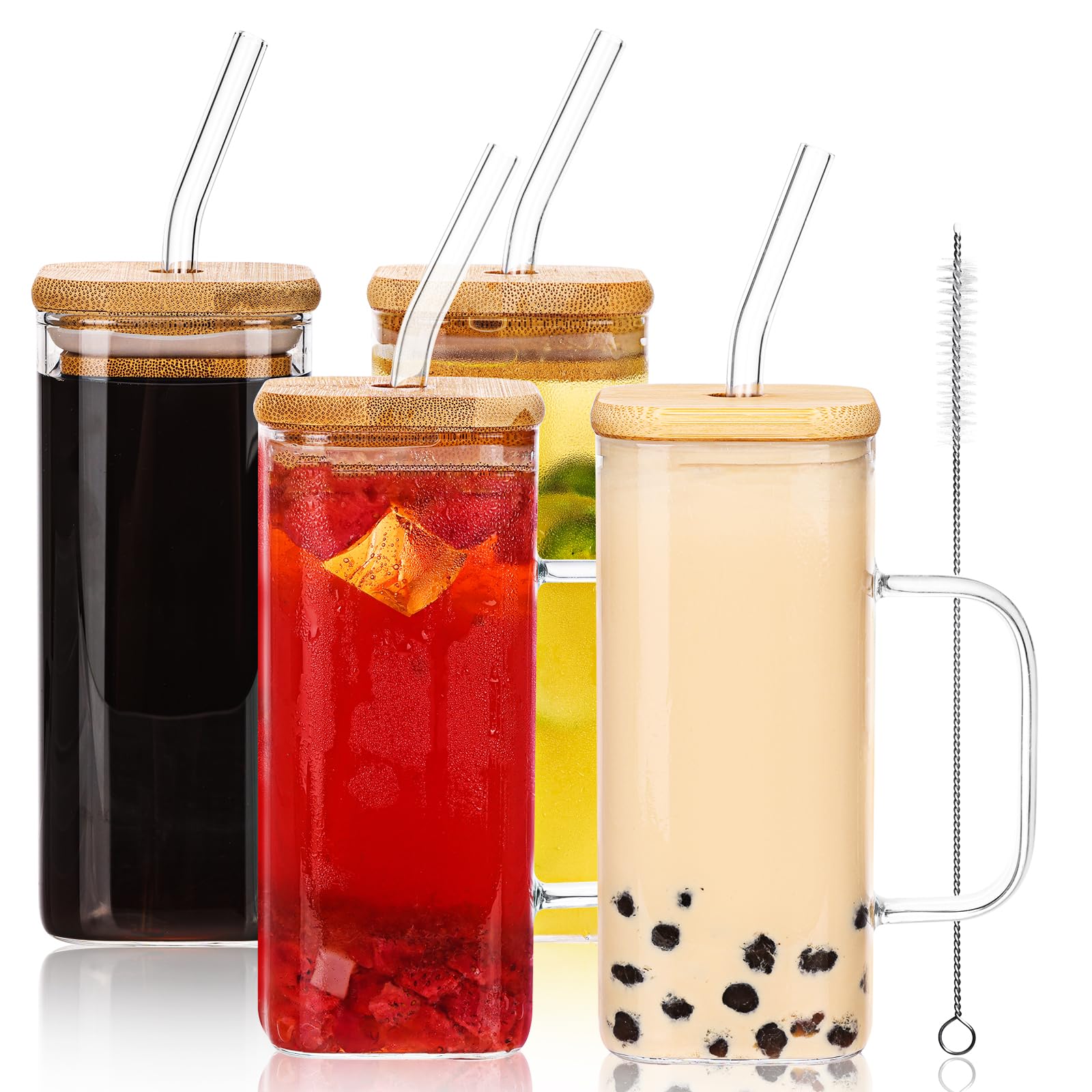 Moretoes 12oz Square Glass Cups with Lids and Straws, 4PCS Iced Coffee Cups, Glass Tumbler with Handle, Drinking Glass for Beer, Milk, Juice