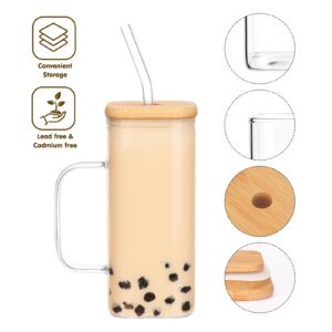 Moretoes 12oz Square Glass Cups with Lids and Straws, 4PCS Iced Coffee Cups, Glass Tumbler with Handle, Drinking Glass for Beer, Milk, Juice