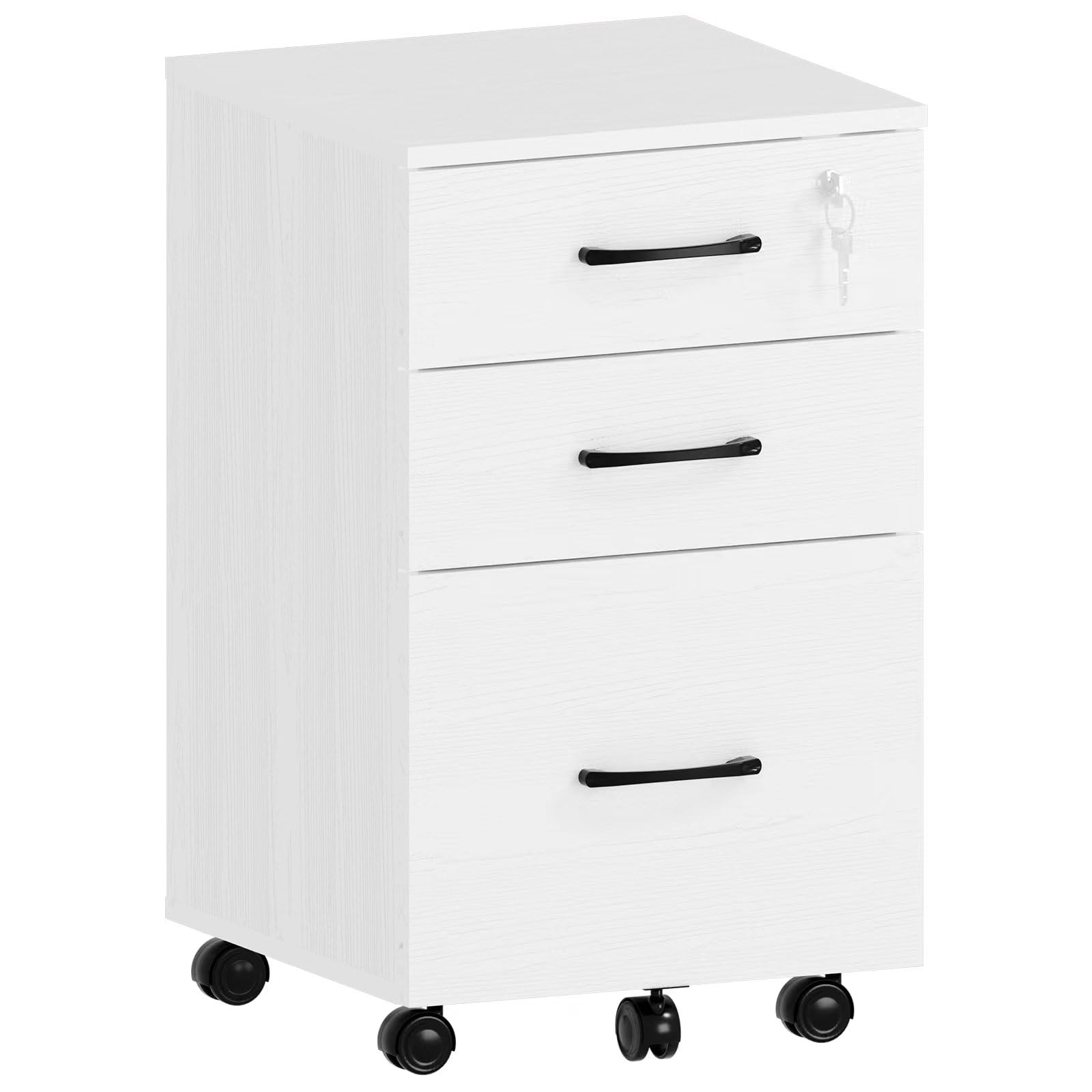 3 Drawer Wood Mobile File Cabinet with 1 Lock, Under Desk File Cabinet with 5 Wheels, Rolling Filing Cabinet for Home Office, Filing Cabinet Organizer, for Letter Sized Documents (White)