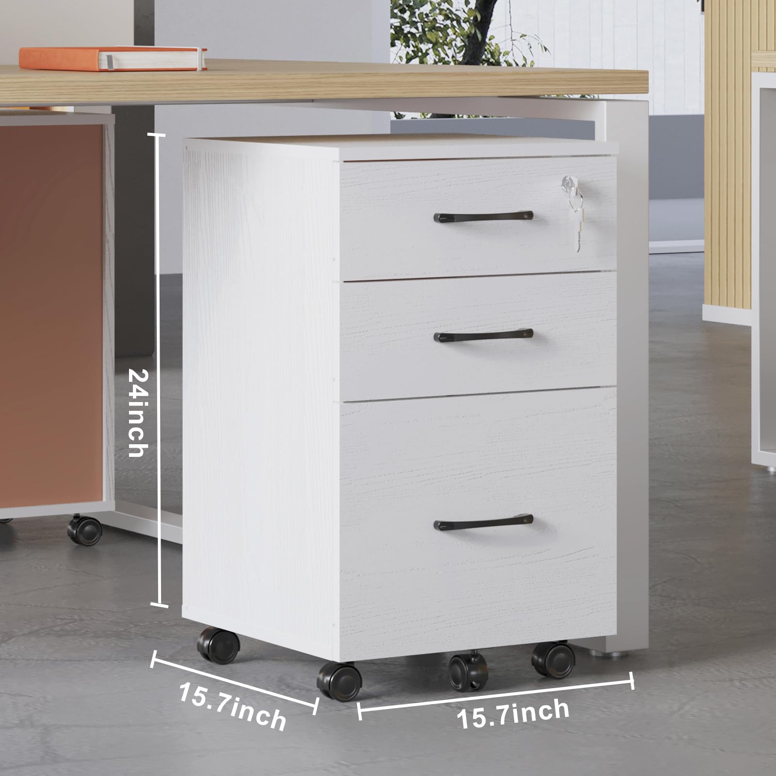 3 Drawer Wood Mobile File Cabinet with 1 Lock, Under Desk File Cabinet with 5 Wheels, Rolling Filing Cabinet for Home Office, Filing Cabinet Organizer, for Letter Sized Documents (White)