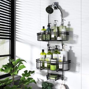 wxcgx hanging shower caddy over shower head organizer: stainless rustproof bathroom shower storage rack basket with soap holder, hooks - large capacity shower shelf for shampoo, conditioner, body wash