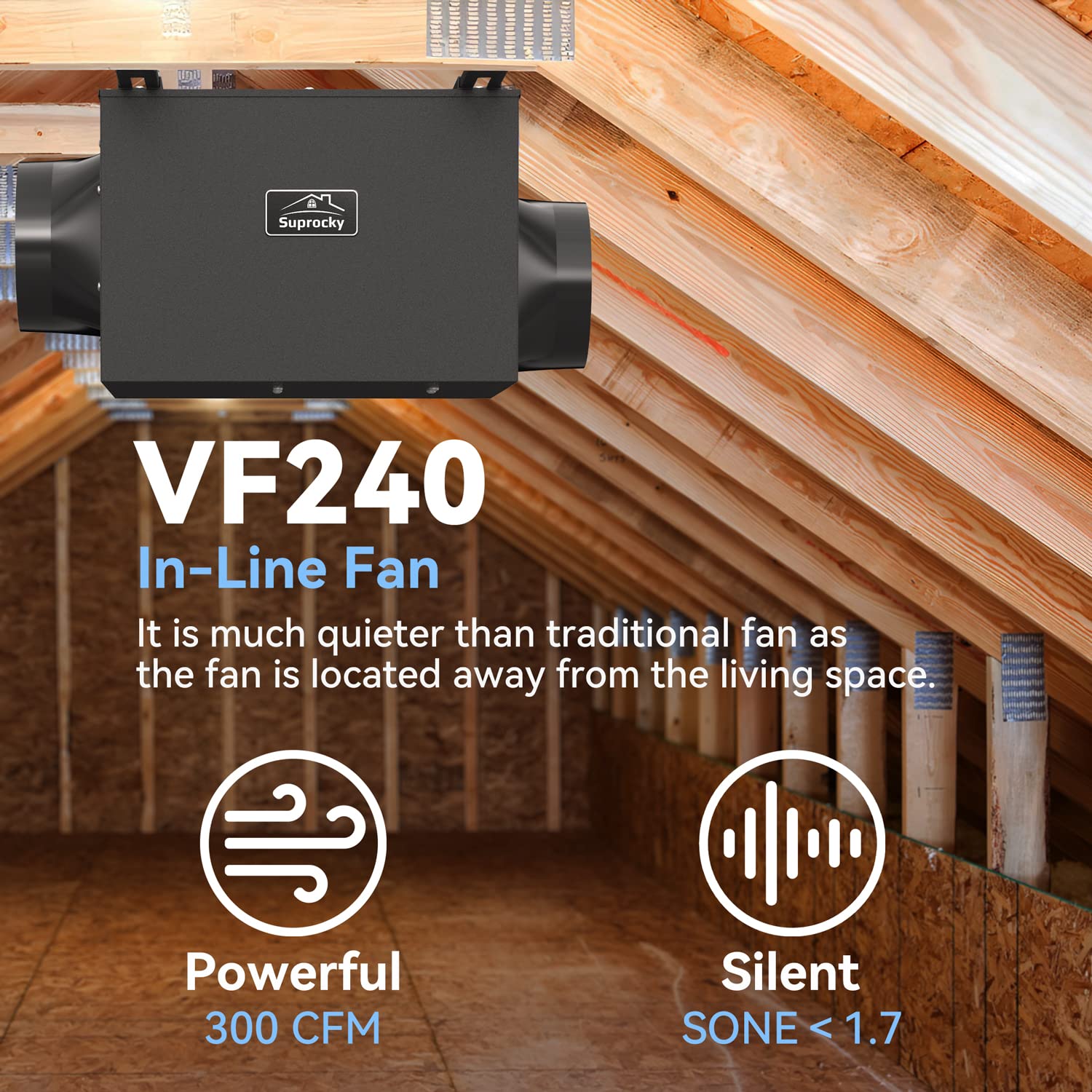 SUPROCKY Ultra Quiet Bathroom Exhaust Fan, Remote Mount In Line Fan 300CFM, Bathroom Exhaust Ventilation Fan for Bathroom, Kitchen, Garage and Residential Ventilation Applications, Black (VF240)