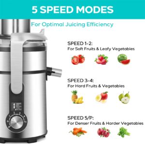 CASABREWS Juicer Machine, 1300W 5 Speeds Centrifugal Juicer Extractor with Large 3.2" Feed Chute for Whole Vegetables and Fruits, Stainless Steel Juicer Maker with LCD Screen, Gift for Mom Women Wife