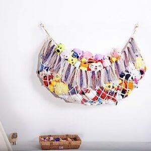 Large Stuffed Animal Net or Hammock with Light Wall Hanging Organizer for Kid Room Toy Storage Net Bedroom Playroom Plush Toy Holder-Cream