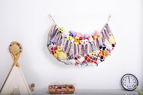 Large Stuffed Animal Net or Hammock with Light Wall Hanging Organizer for Kid Room Toy Storage Net Bedroom Playroom Plush Toy Holder-Cream