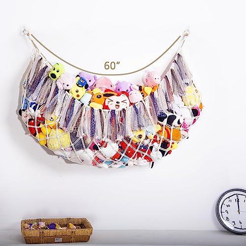 Large Stuffed Animal Net or Hammock with Light Wall Hanging Organizer for Kid Room Toy Storage Net Bedroom Playroom Plush Toy Holder-Cream