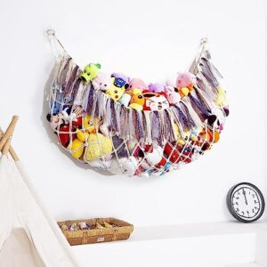 Large Stuffed Animal Net or Hammock with Light Wall Hanging Organizer for Kid Room Toy Storage Net Bedroom Playroom Plush Toy Holder-Cream