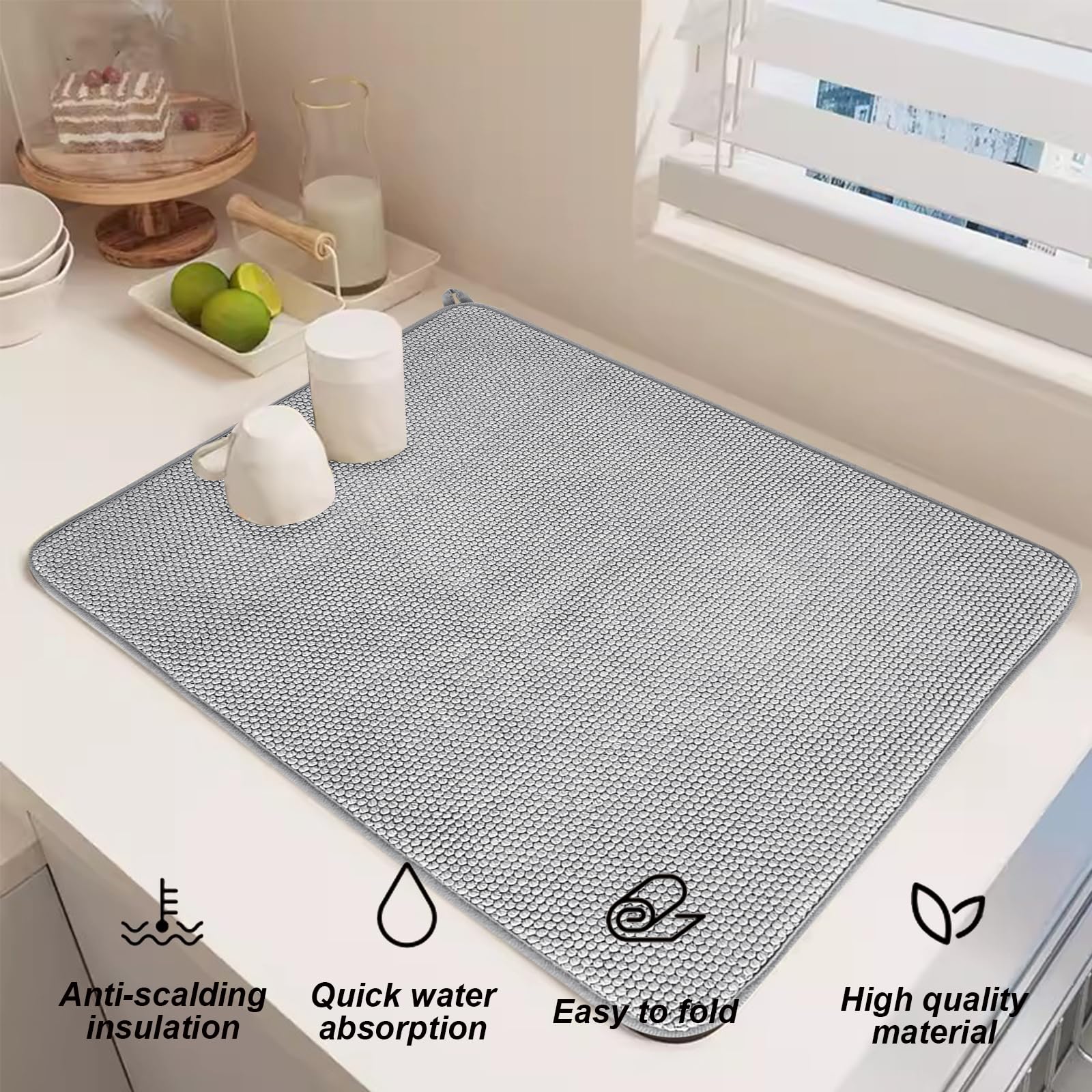 2 Pcs Large Dish Drying Mat for Kitchen Counter,24 x 17 inch Absorbent Microfiber Dishes Drainer Mats,XL Dish Drying Pad for Countertops,Racks,Under Sink(Gray)