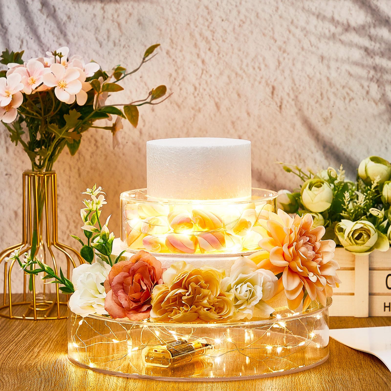 Tioncy 6 Pcs Clear Acrylic Cake Stand Fillable Cake Box Riser LED Fairy Lights Starry Fairy Lights Round Foam Cake Dummy Set Faux Cake for Cupcake Dessert Birthday Wedding Party