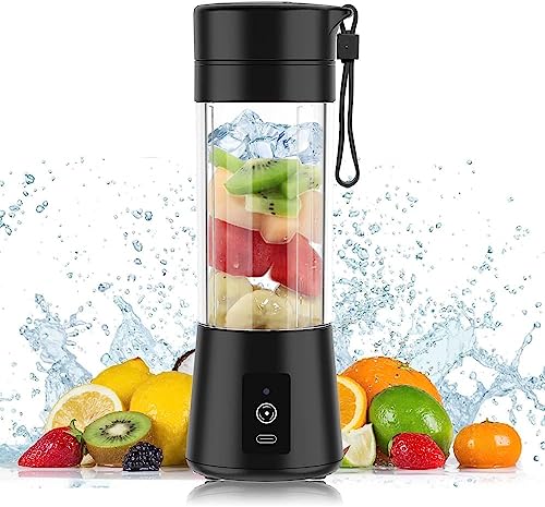 Portable Blender, Blender for Shakes and Smoothies, Personal Blender, Mini Shakes Juicer Cup 380ml USB Rechargeable with 6 Stainless Steel Blades for Kitchen,Sport and Travel, Black