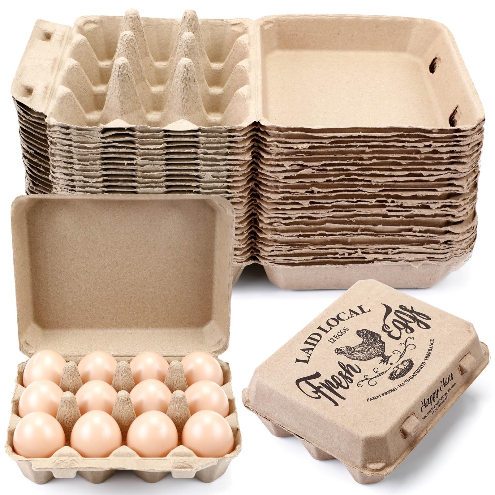 Zhanmai 100 Pack Egg Carton Bulk 12 Chicken Egg Carton Adorable Printed Design Farm Fresh Duck Egg Crate with 3 x 4 Holds Recycled Paper Cardboard Sturdy Reusable Egg Box Holder (Classic Style)