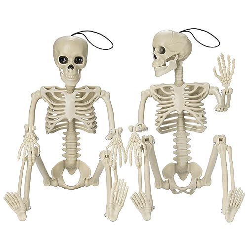 GoClimber 2 Packs Posable Halloween Skeletons, 16" Full Body Posable Joints Skeletons for Halloween Decoration, Graveyard Decorations, Haunted House Accessories, Spooky Scene Party Favors