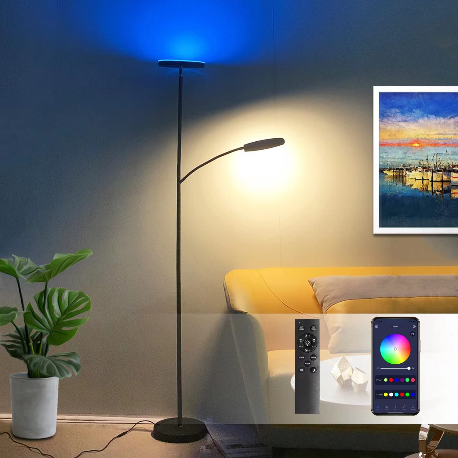 Ovensty RGB Floor Lamp LED Modern Corner Floor Lamps with Reading Light,Dimmable Floor Lamps-Tall Standing Pole Lights with Smart APP & Remote Control for Living Room,Bed Room,Office. (Black)