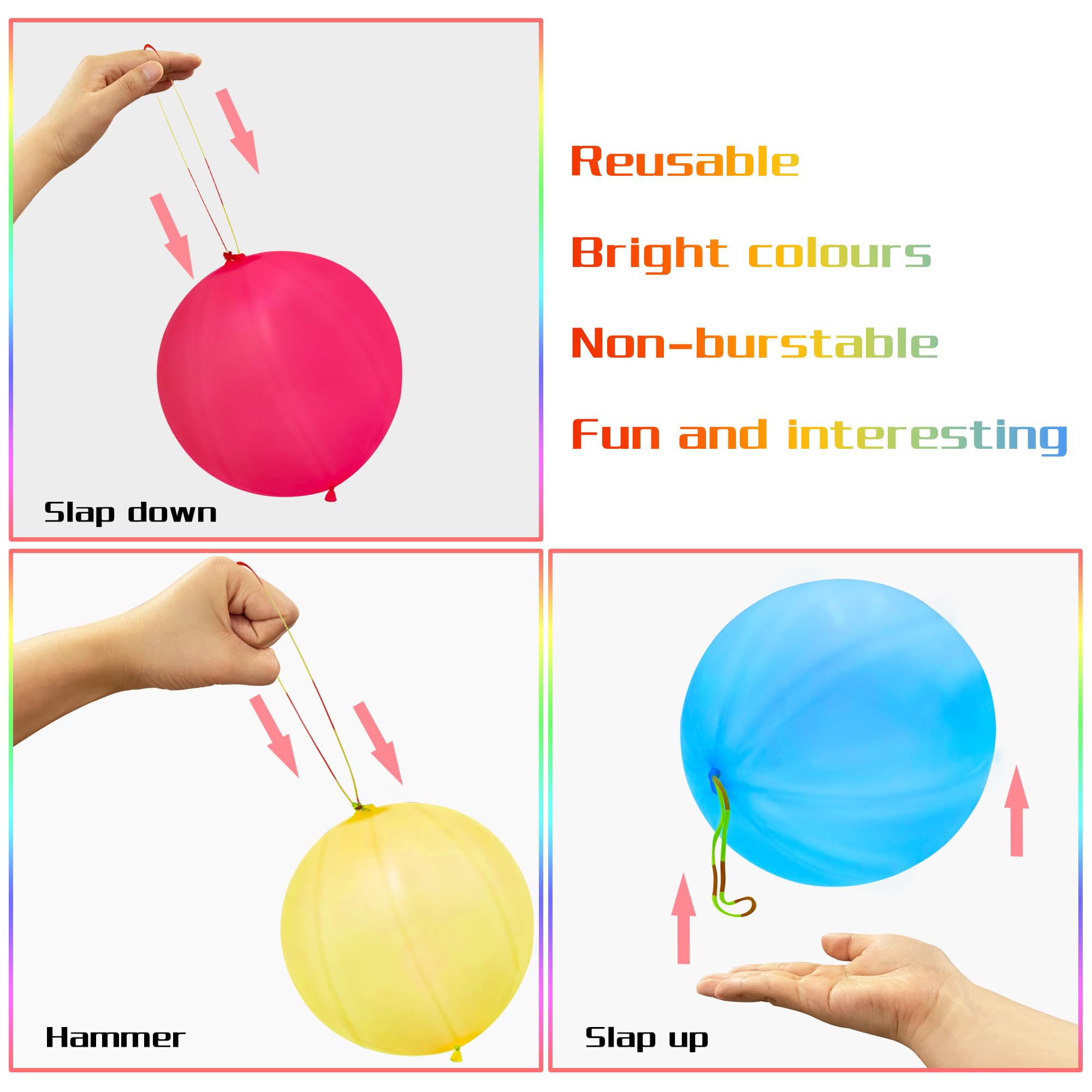 60 PCS Punch Balloons Neon Punch Balloons Heavy Duty Punching Balloons with Rubber Bands Handle for Kids Birthday Decorations Party Balloons Kids Outdoor Toys