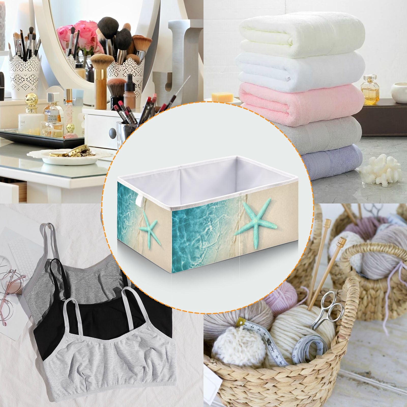 QUGRL Ocean Beach Starfish Cube Storage Bins Organizer Sea Water Wave Clothes Toy Storage Basket Box for Shelves Closet Cabinet Office Dorm Bedroom 11x11 in