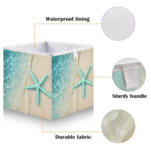 QUGRL Ocean Beach Starfish Cube Storage Bins Organizer Sea Water Wave Clothes Toy Storage Basket Box for Shelves Closet Cabinet Office Dorm Bedroom 11x11 in