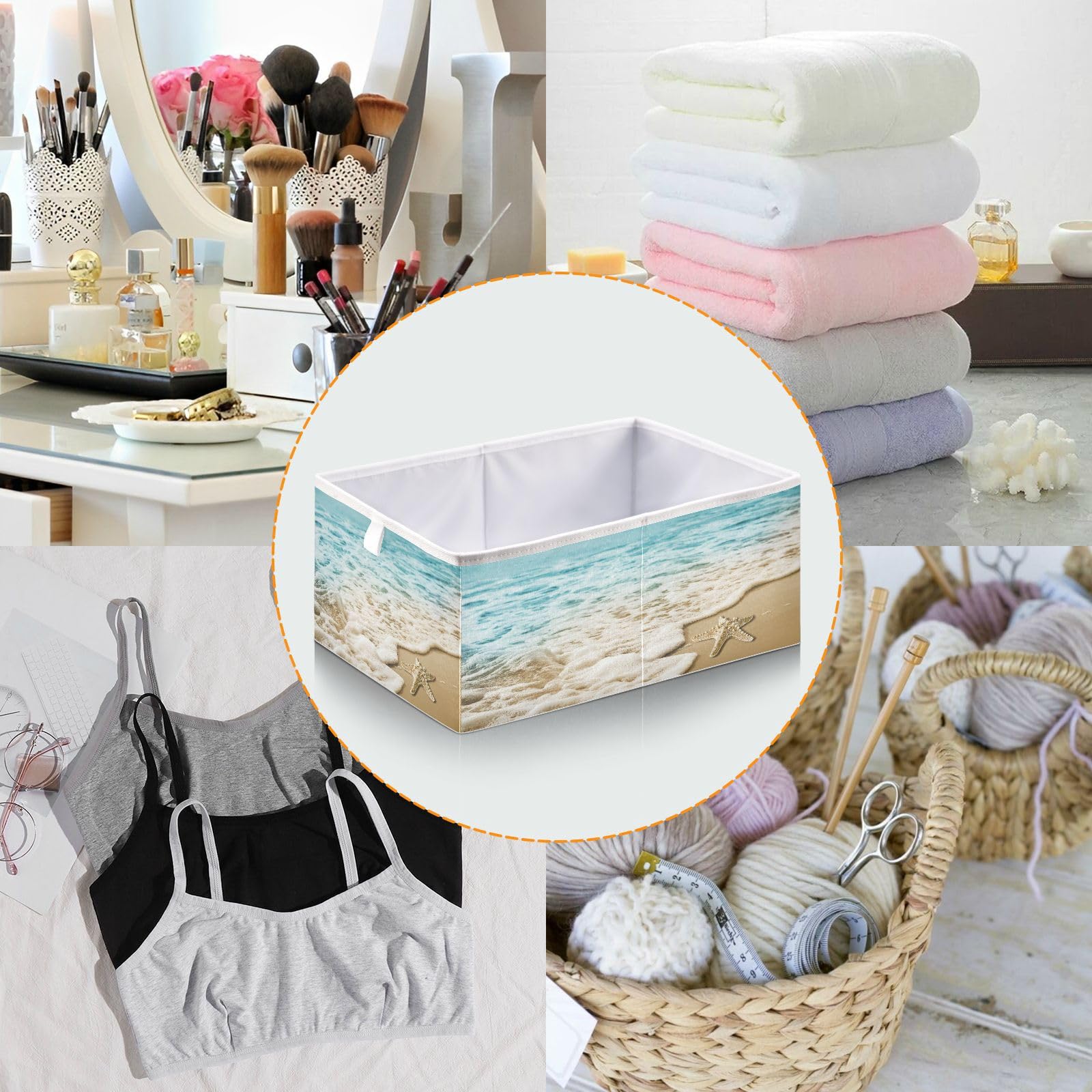 QUGRL Starfish Ocean Wave Cube Storage Bins Organizer Summer Beach Clothes Toy Storage Basket Box for Shelves Closet Cabinet Office Dorm Bedroom 11x11 in