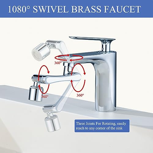 Berkebun Faucet Extender for Bathroom and Kitchen Sink, 1080° Swivel Faucet Attachment with Sprayer & Aerator, Brass Faucet Extension, Fits 15/16", 55/64", 13/16" Male and Female Thread Spouts, Silver