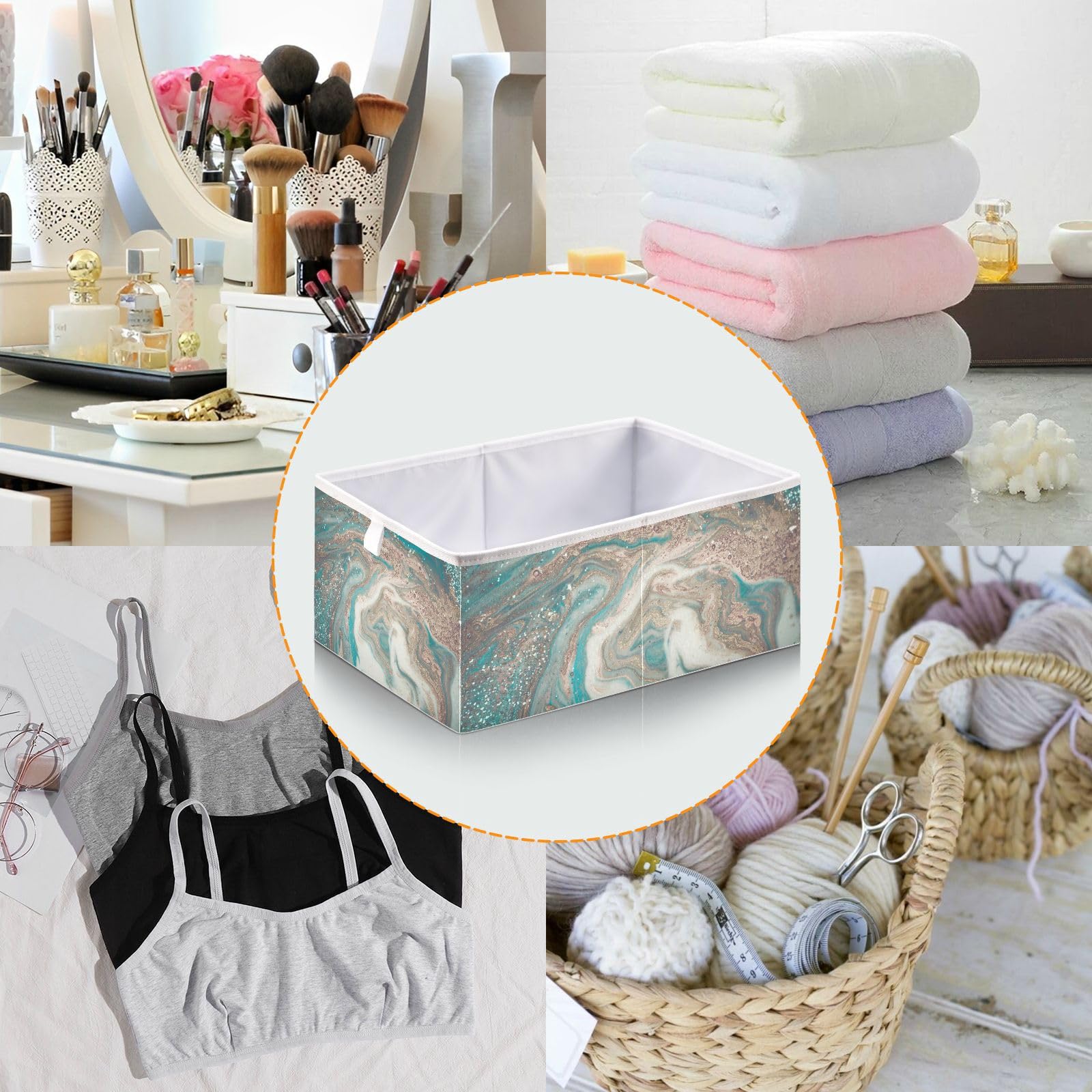 QUGRL Magic Teal Marble Storage Bins Organizer Modern Trendy Foldable Clothes Storage Basket Box for Shelves Closet Cabinet Office Dorm Bedroom 15.75 x 10.63 x 6.96 in