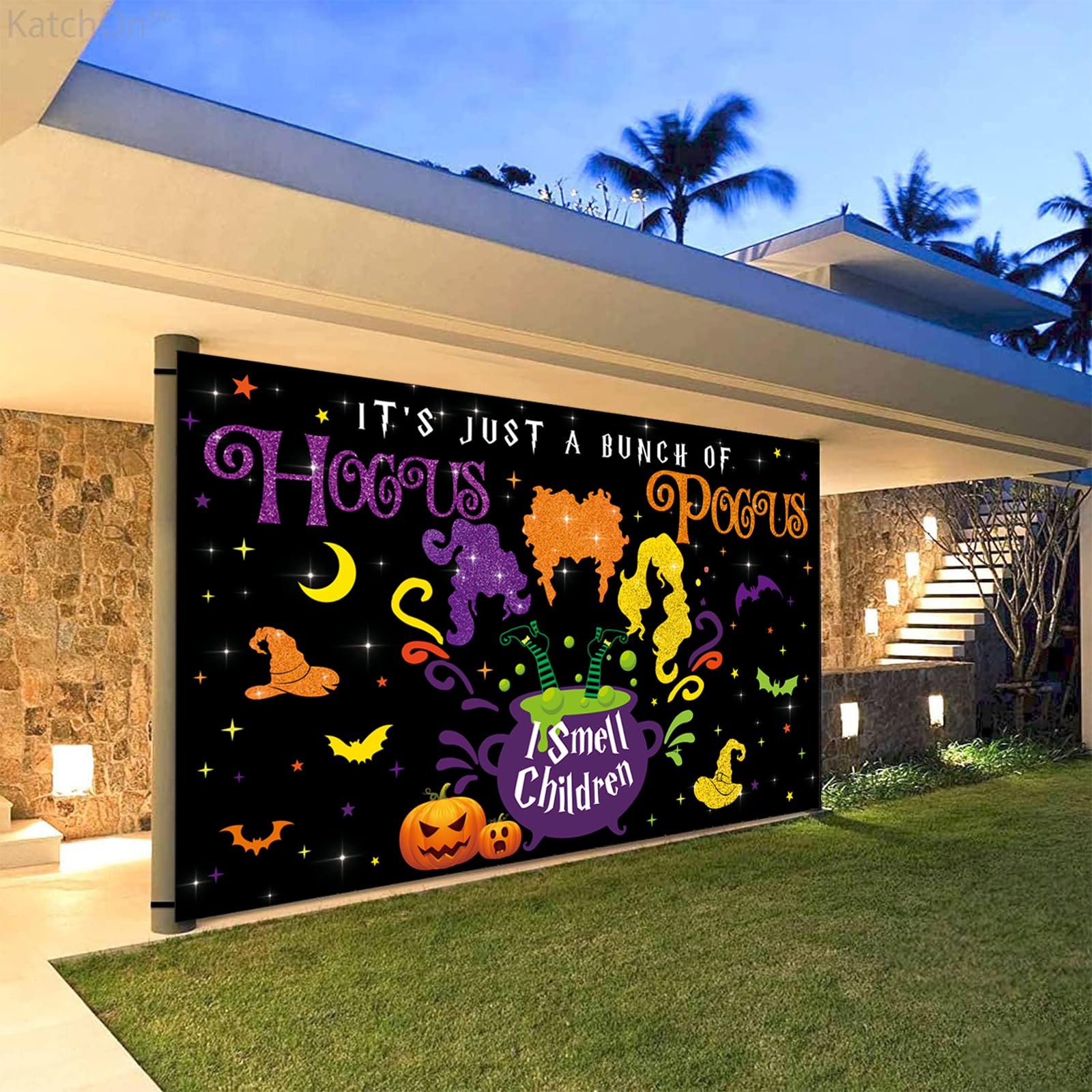 Large 71" X 43" Hocus Pocus Backdrop Decorations for Halloween Party Background Witch Sisters Backdrop, It's Just A Bunch of Hocus Pocus Banner for Hocus Pocus Halloween Decorations