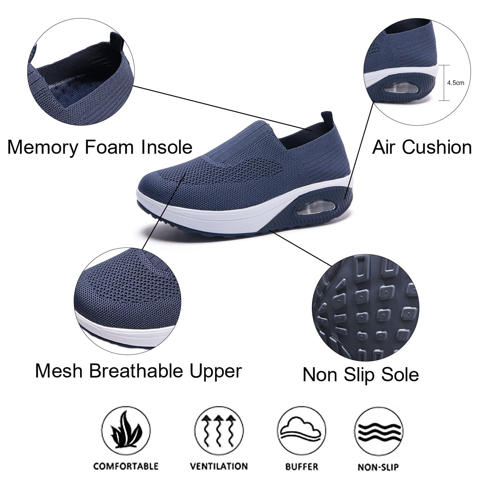 Women's Slip On Walking Shoes,Running Sneakers for Women with Air CushionUnybwonn Blue 6