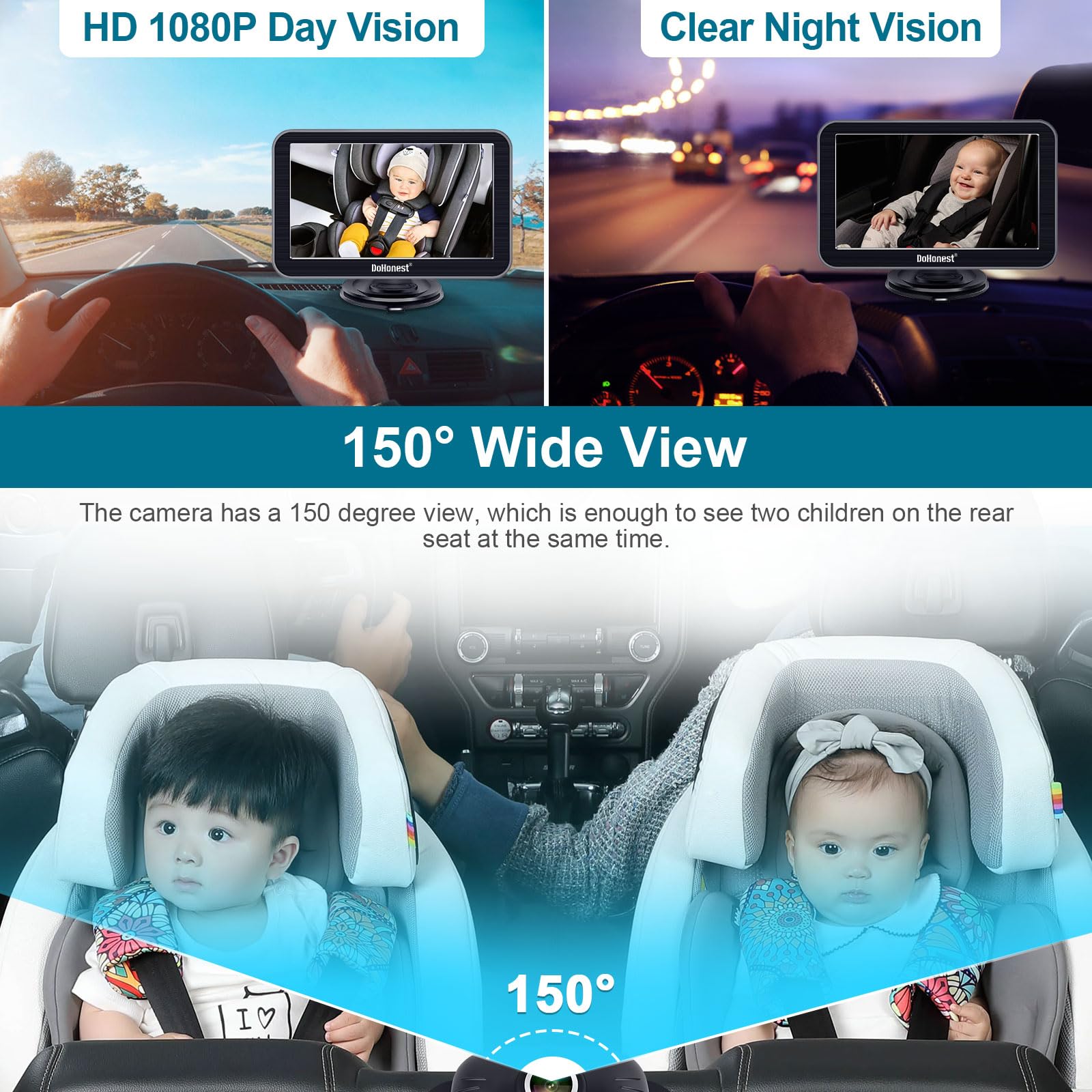 DoHonest Baby Car Camera 7-Inch: USB Plug and Play Easy Setup 360° Rotating Backseat Camera Two Kids HD 1080P Rear Facing Car Seat Camera Clear Night Vision -V9