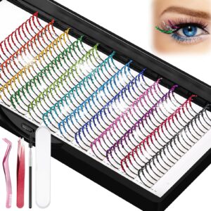 dansib colored glitter lash extensions eyelash individual lash spike eyelash single eye lash tray with applicator tweezers brush set for daily party wedding stage cosplay halloween,15 mm (12 colors)