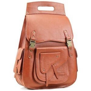 handmade world full grain 18 inch leather laptop large backpack casual bookbag daypack camping travel rucksack knapsack (tan brown)