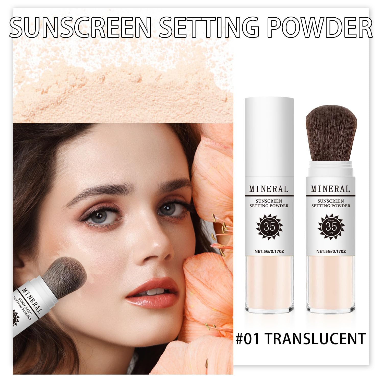 Sunscreen Setting Powder SPF 35, Mineral Brush Powder, Oil Control Natural Matte Finish Loose Powder Translucent Lasting Lightweight Breathable for All Skin (#01 Translucent)