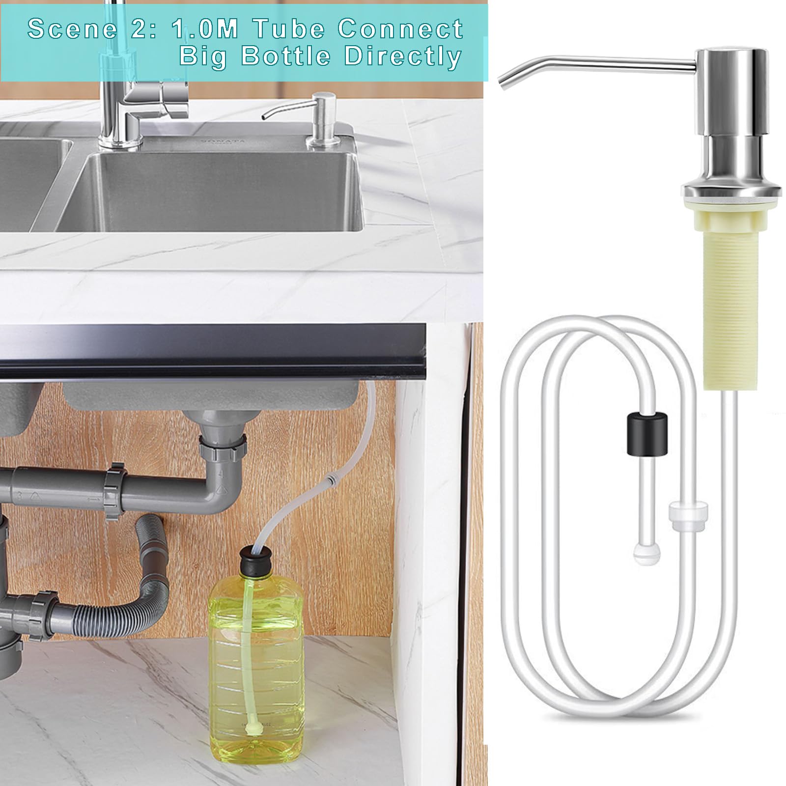 ONMUST Soap Dispenser for Kitchen Sink, Built in Soap Dispensers with 46 Inches Tube Connects Directly to Soap Bottle, No More Frequent Refills, Countertop Sink Soap Dispenser Pump with 500ML Bottle