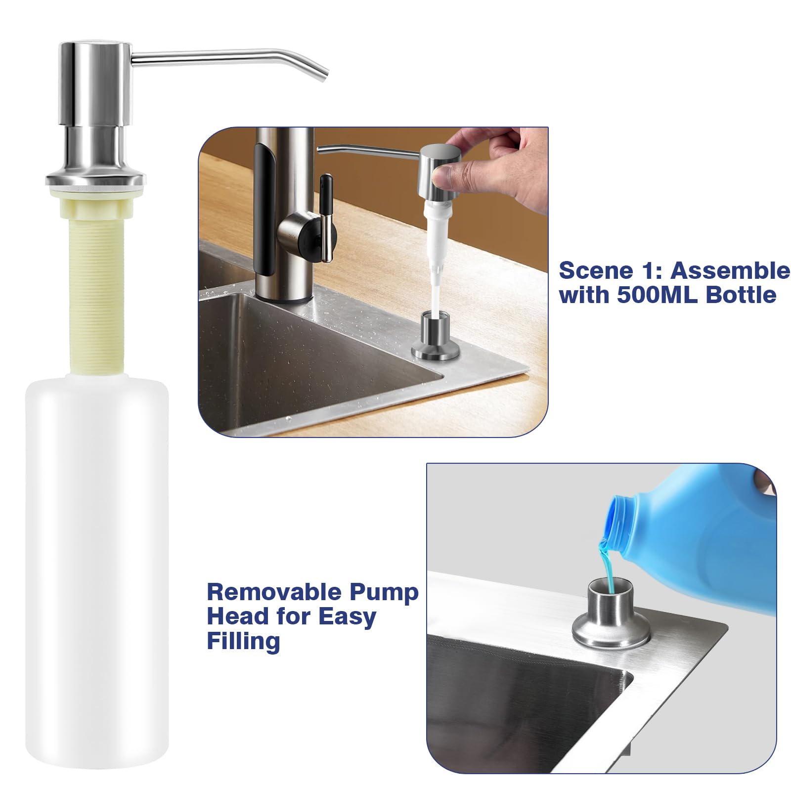 ONMUST Soap Dispenser for Kitchen Sink, Built in Soap Dispensers with 46 Inches Tube Connects Directly to Soap Bottle, No More Frequent Refills, Countertop Sink Soap Dispenser Pump with 500ML Bottle